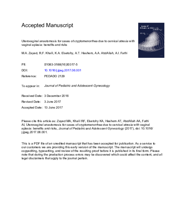(PDF) Uterovaginal Anastomosis for Cases of Cryptomenorrhea Due to ...