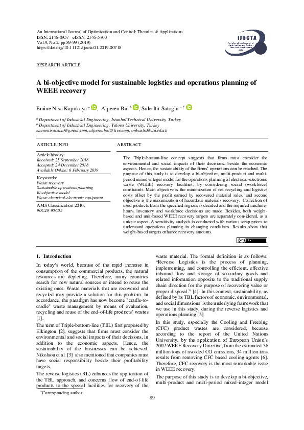 (PDF) A bi-objective model for sustainable logistics and operations ...