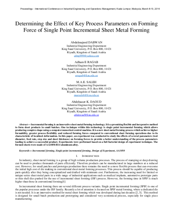 Pdf Determining The Effect Of Key Process Parameters On Forming Force Of Single Point