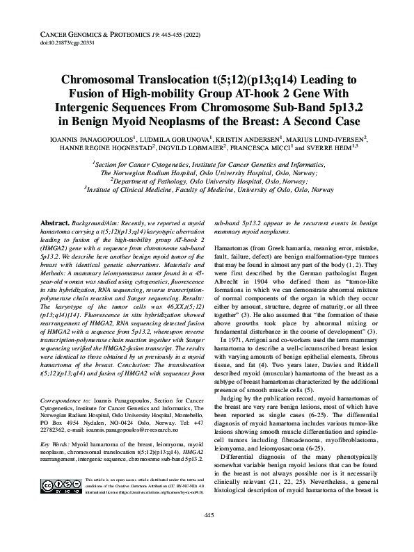 (PDF) Chromosomal Translocation t(5;12)(p13;q14) Leading to Fusion of ...