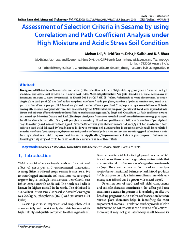 (PDF) Assessment of Selection Criteria in Sesame by using Correlation and Path Coefficient ...