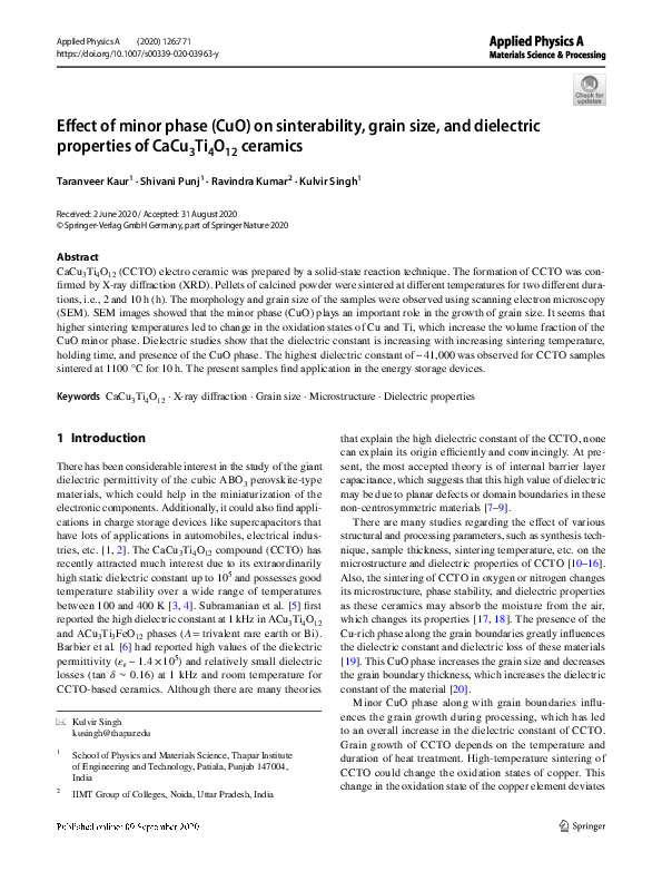 (PDF) Effect of minor phase (CuO) on sinterability, grain size, and ...