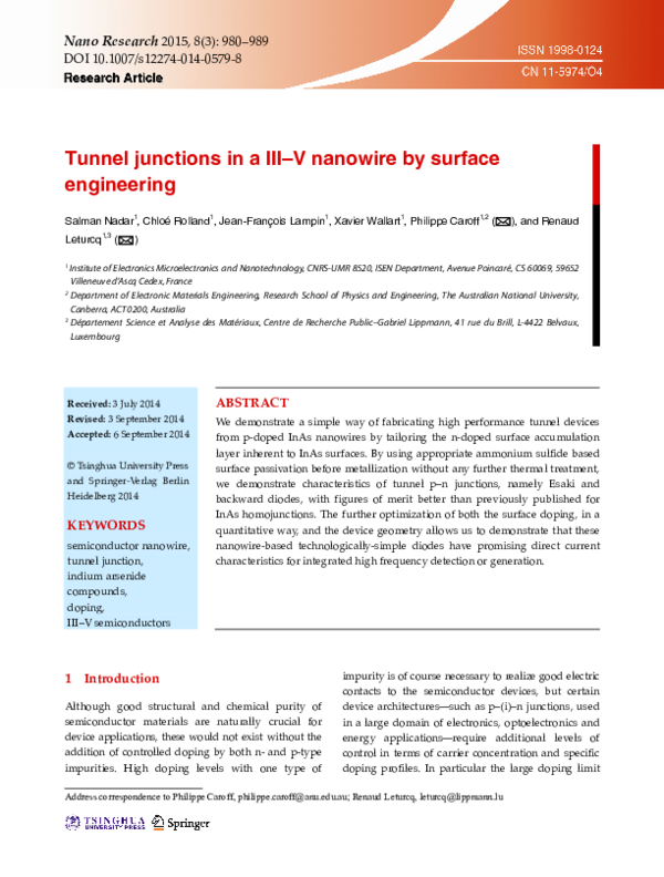 (PDF) Tunnel junctions in a III–V nanowire by surface engineering