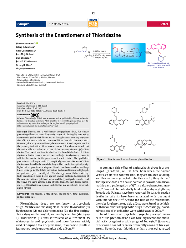 (PDF) Synthesis of the Enantiomers of Thioridazine