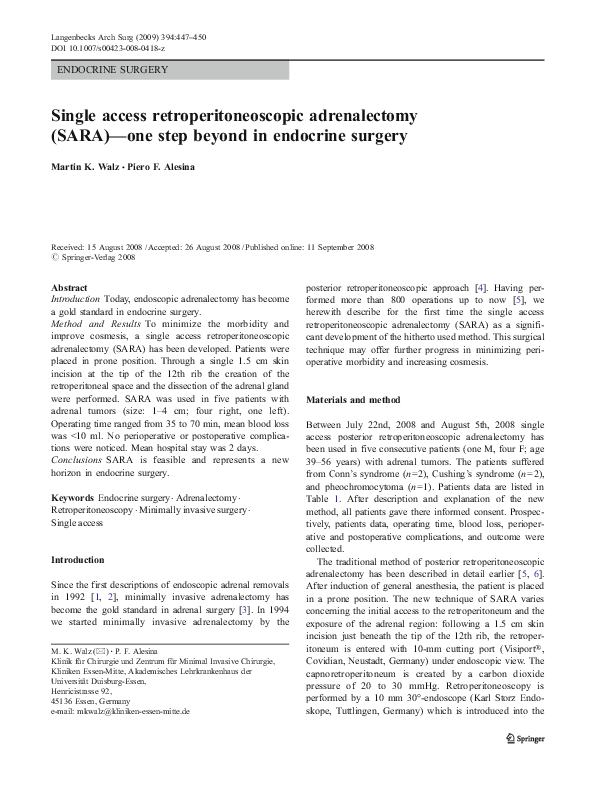 (PDF) Single access retroperitoneoscopic adrenalectomy (SARA)—one step ...