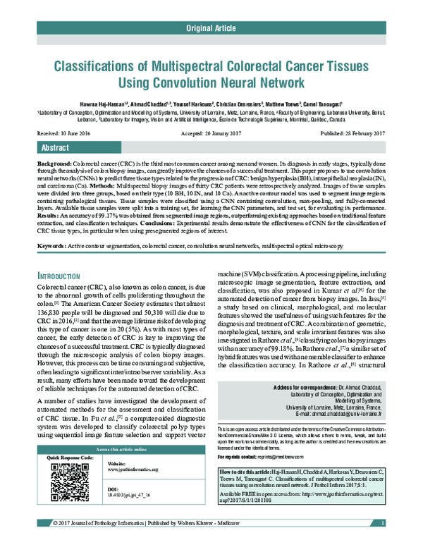 (PDF) Classifications of Multispectral Colorectal Cancer Tissues Using Convolution Neural ...