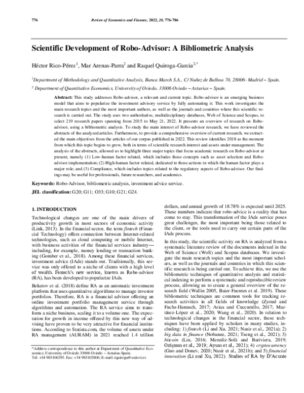 Pdf Scientific Development Of Robo Advisor A Bibliometric Analysis