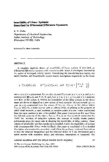 (PDF) Invertibility of linear systems described by differential ...
