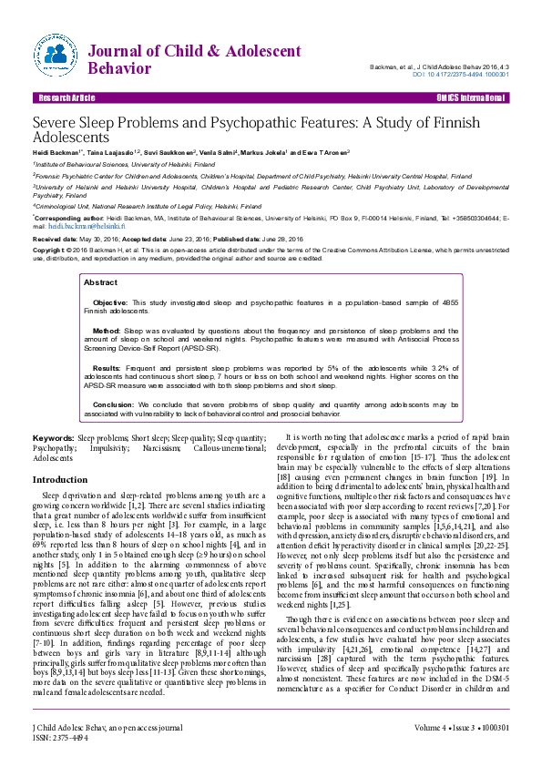 (PDF) Severe Sleep Problems and Psychopathic Features: A Study of Finnish Adolescents