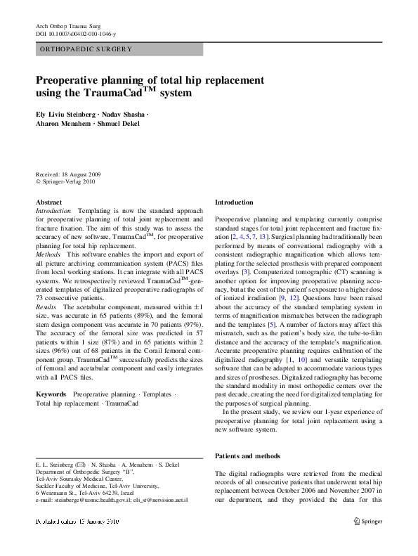 (PDF) Preoperative planning of total hip replacement using the ...