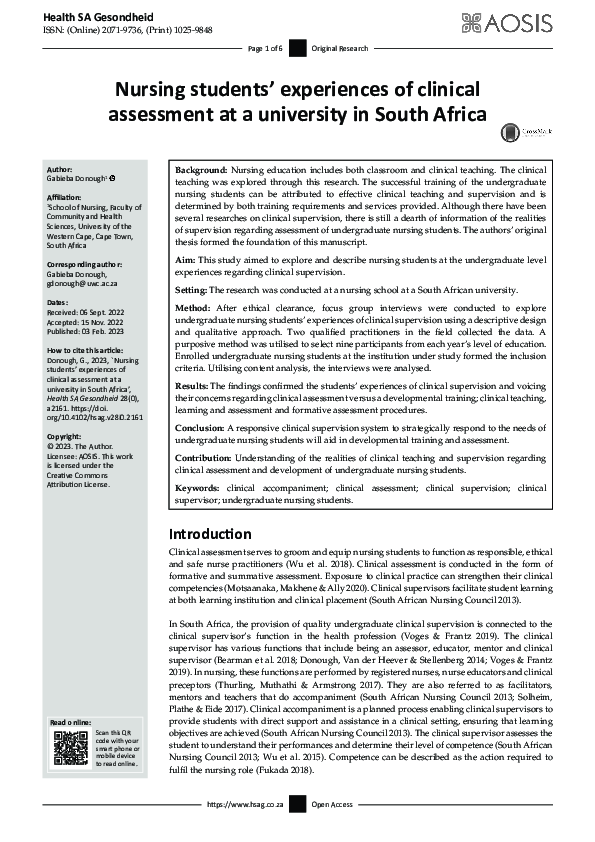 (PDF) Nursing students’ experiences of clinical assessment at a ...