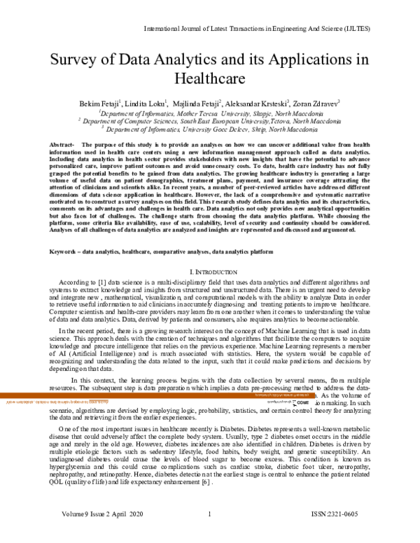 Pdf Survey Of Data Analytics And Its Applications In Healthcare