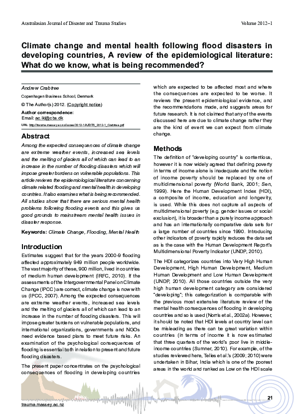 (PDF) Climate change and mental health following flood disasters in ...