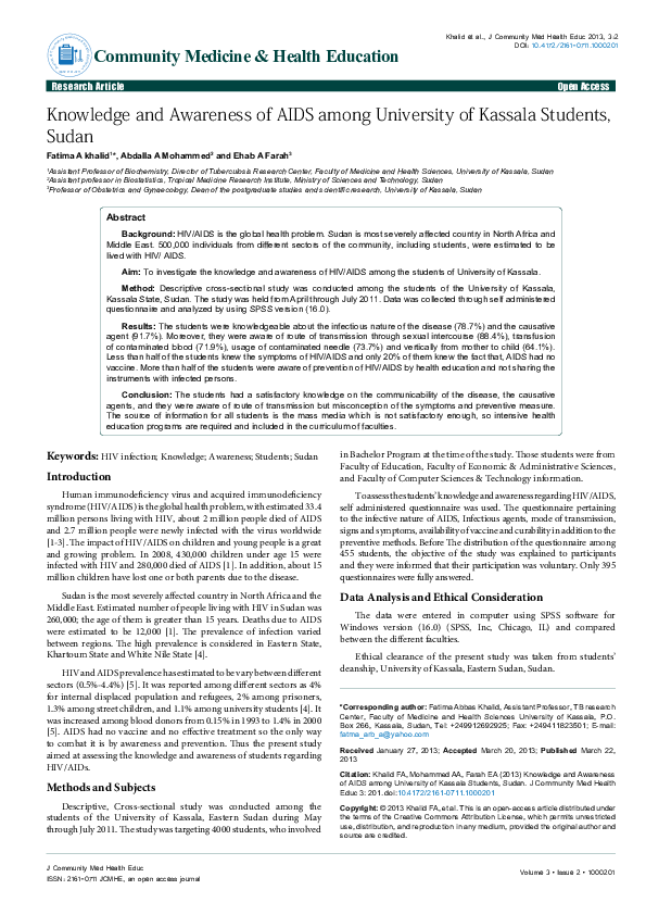 (PDF) Knowledge and Awareness of AIDS among University of Kassala ...