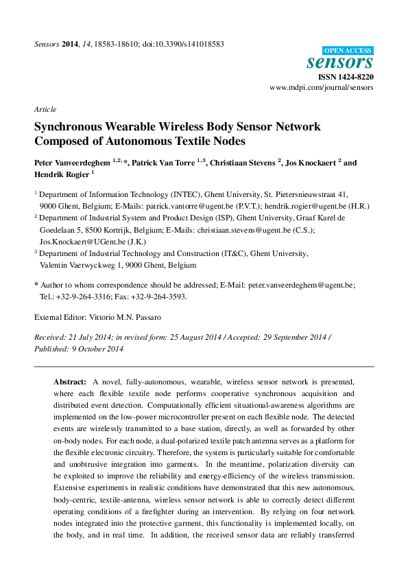 Pdf Article Synchronous Wearable Wireless Body Sensor Network Composed Of Autonomous Textile