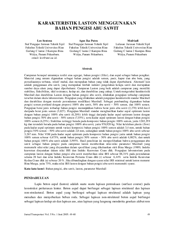 (PDF) Karakteristik Laston Menggunakan Bahan Pengisi Abu Sawit