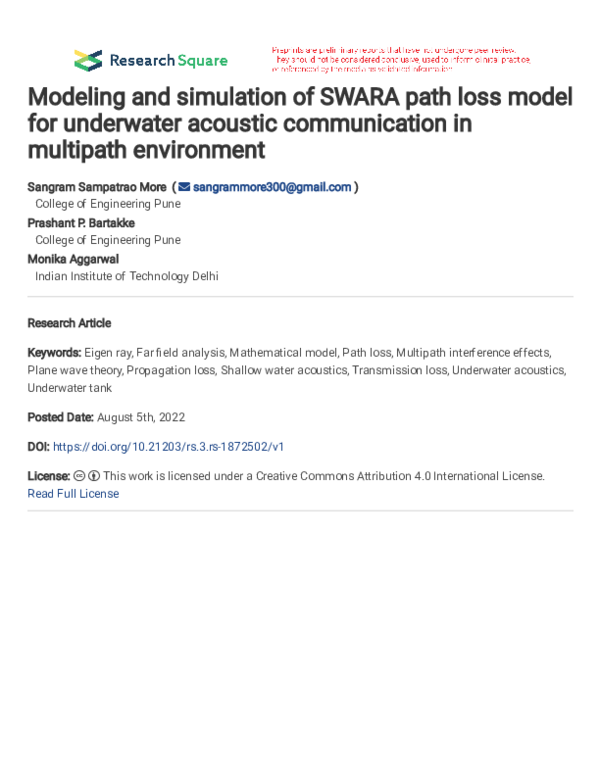 (PDF) Modeling and simulation of SWARA path loss model for underwater ...