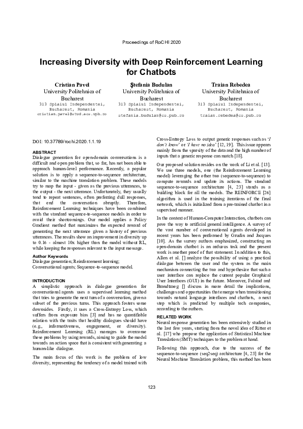 Pdf Increasing Diversity With Deep Reinforcement Learning For Chatbots