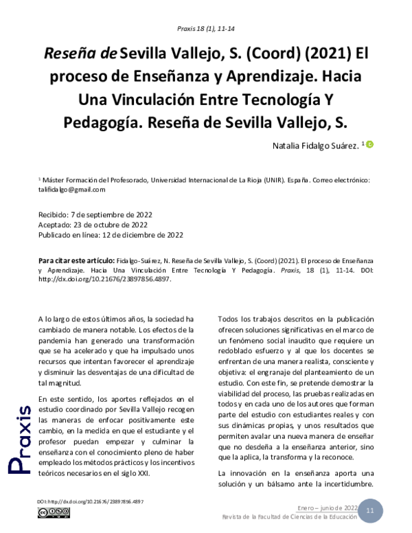 (PDF) Reseña de Sevilla Vallejo, S. (Coord) (2021) El proceso de Enseñanza y Aprendizaje. Hacia ...