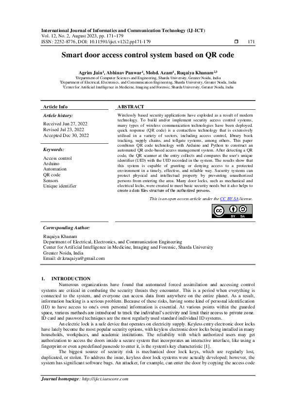 (PDF) Smart door access control system based on QR code