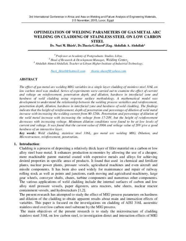 Pdf Optimization Of Welding Parameters Of Gas Metal Arc Welding On Cladding Of Stainless Steel
