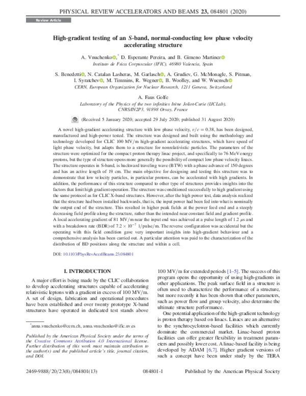 (PDF) High-gradient testing of an S -band, normal-conducting low phase ...