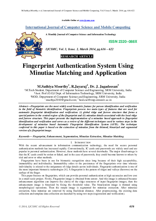 Pdf Fingerprint Authentication System Using Minutiae Matching And