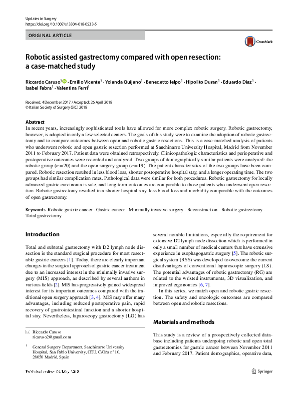 (PDF) Robotic assisted gastrectomy compared with open resection: a case ...