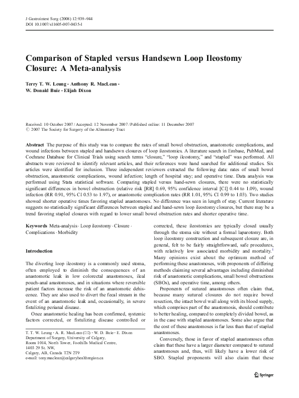(PDF) Comparison of Stapled versus Handsewn Loop Ileostomy Closure: A ...
