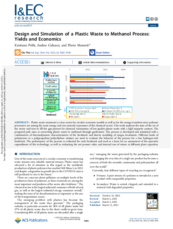 (PDF) Design and Simulation of a Plastic Waste to Methanol Process: Yields and Economics