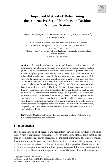 (PDF) Improved Method of Determining the Alternative Set of Numbers in Residue Number System