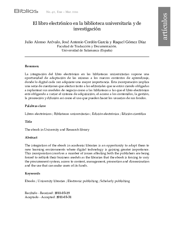 (PDF) El libro electrónico en la biblioteca universitaria y de investigación
