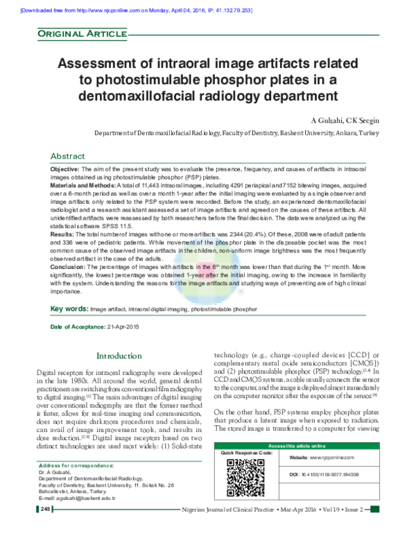 (PDF) Assessment of intraoral image artifacts related to ...