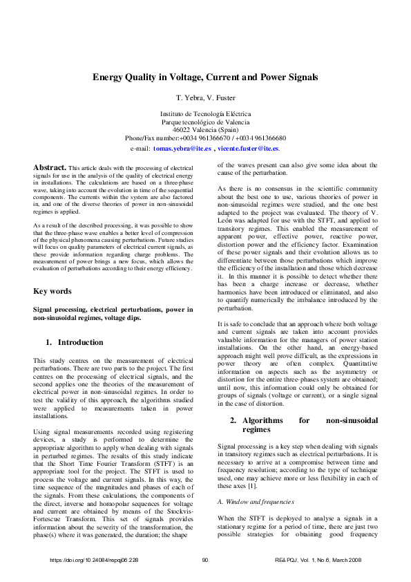 (PDF) Energy quality in voltage, current and power signals