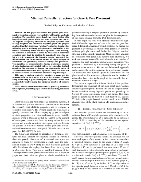 Pdf Minimal Controller Structure For Generic Pole Placement