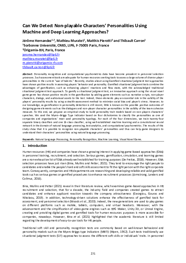 (PDF) Can We Detect Non-playable Characters’ Personalities Using ...