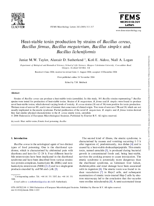 (PDF) Heat-stable toxin production by strains ofBacillus cereus ...