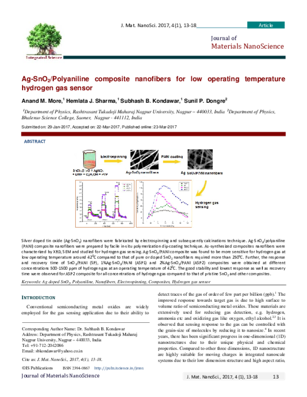 Journal of Materials NanoScience Ag-SnO 2 /Polyaniline composite nanofibers for low operating ...