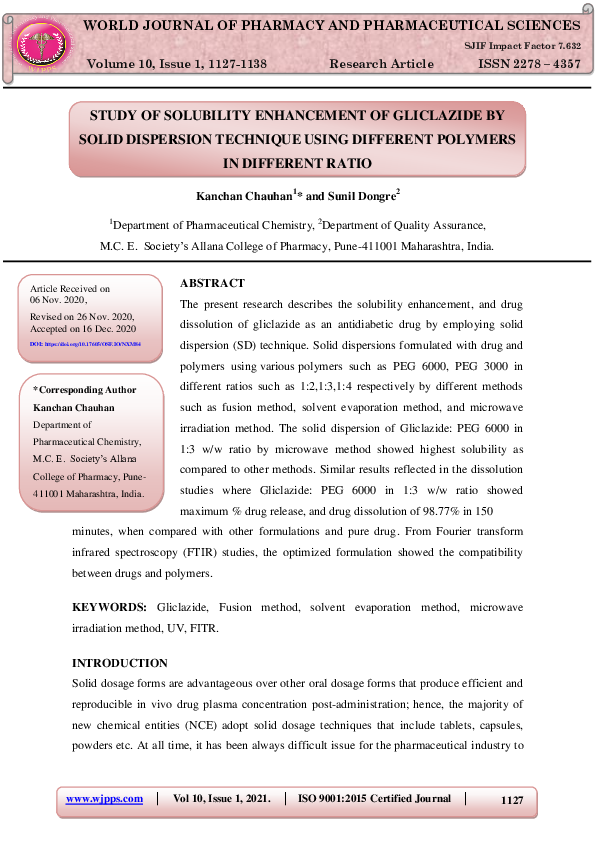 (PDF) Study of Solubility Enhancement of Gliclazide by Solid Dispersion ...