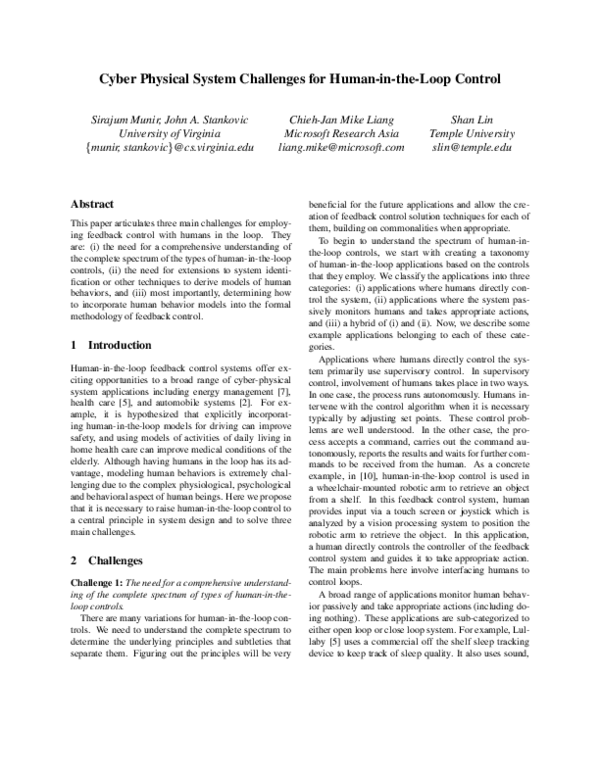 (PDF) Cyber Physical System Challenges for Human-in-the-Loop Control