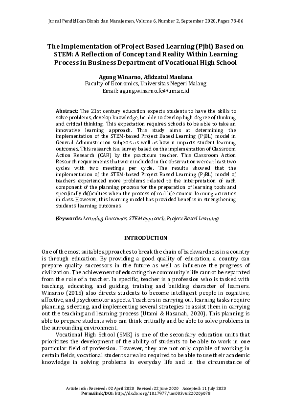 (PDF) The Implementation of Project Based Learning (PjBL) Based on STEM: A Reflection of Concept ...