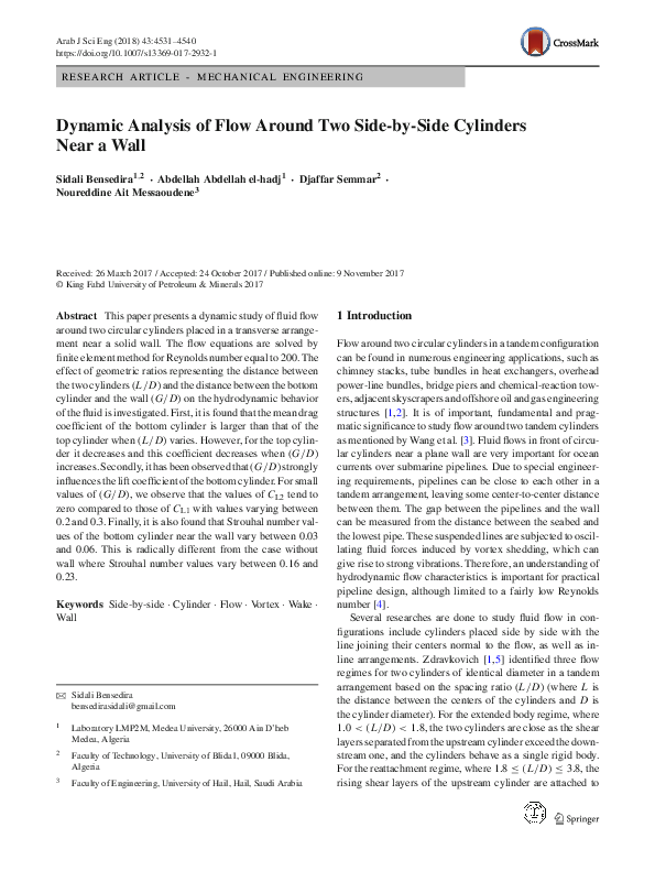 (PDF) Dynamic Analysis of Flow Around Two Side-by-Side Cylinders Near a Wall | djaffar semmar ...