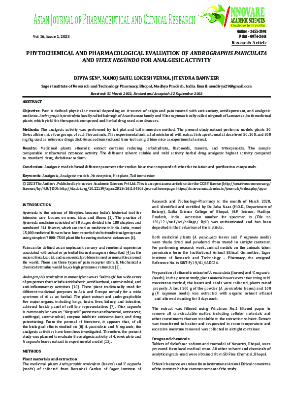(PDF) PHYTOCHEMICAL AND PHARMACOLOGICAL EVALUATION OF ANDROGRAPHIS PANICULATA AND VITEX NEGUNDO ...