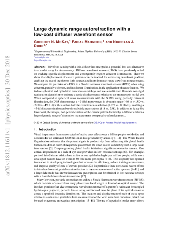 (PDF) Large dynamic range autorefraction with a low-cost diffuser wavefront sensor