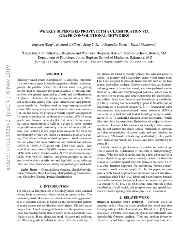 (PDF) Weakly Supervised Prostate Tma Classification Via Graph Convolutional Networks