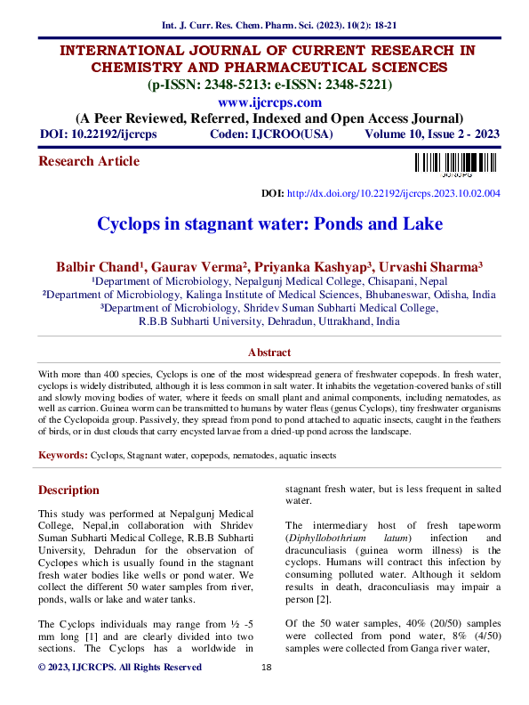 (PDF) Cyclops in stagnant water: Ponds and Lake