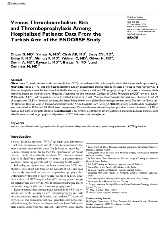 (PDF) Venous Thromboembolism Risk and Thromboprophylaxis Among Hospitalized Patients