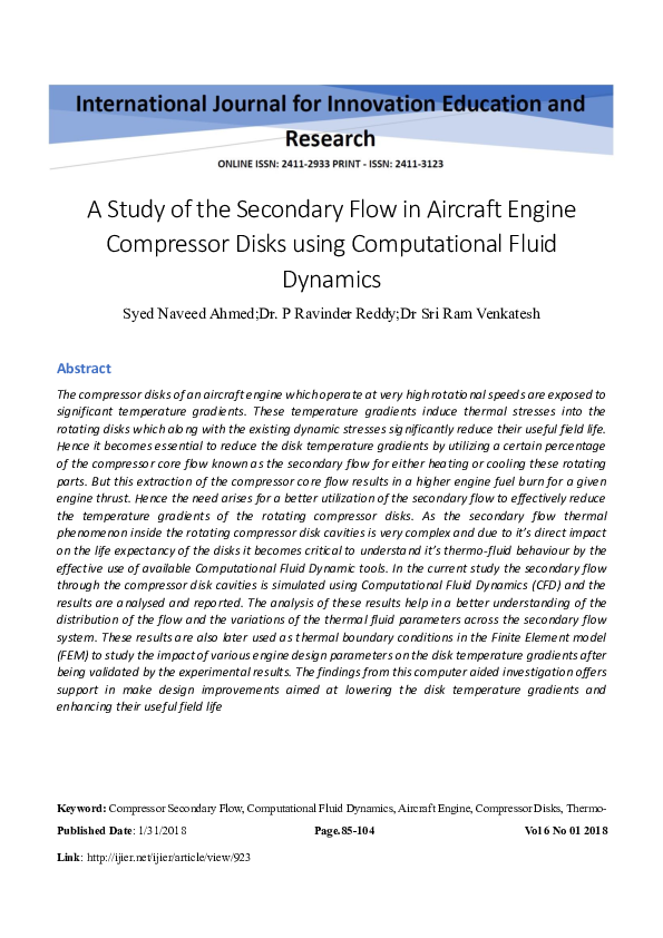 (PDF) Study of the Secondary Flow in Aircraft Engine Compressor Disks using Computational Fluid ...