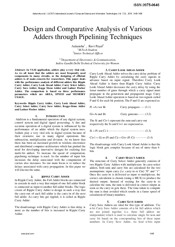 (PDF) Design and Comparative Analysis of Various Adders through Pipelining Techniques