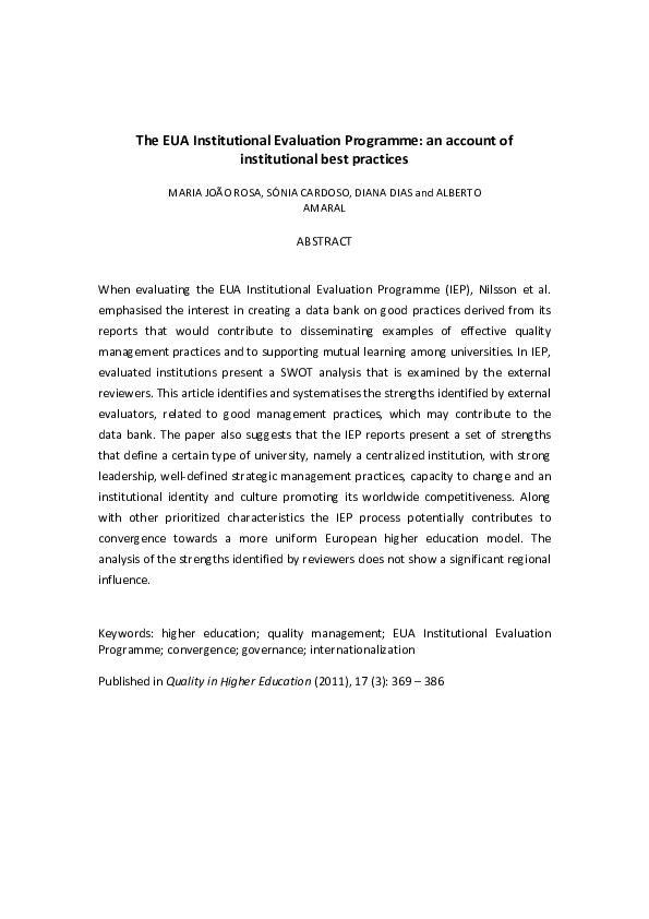 (PDF) The EUA Institutional Evaluation Programme: an account of institutional best practices